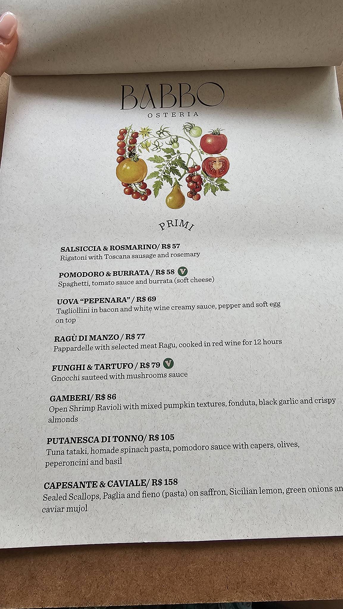 Menu em Babbo Osteria restaurante, Rio de Janeiro