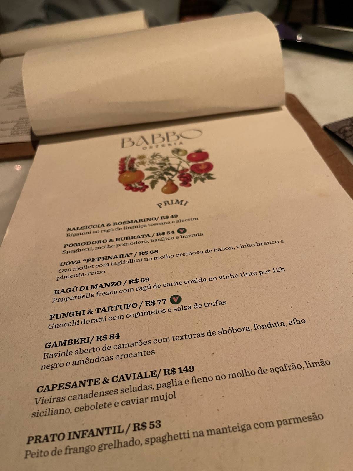 Menu em Babbo Osteria restaurante, Rio de Janeiro