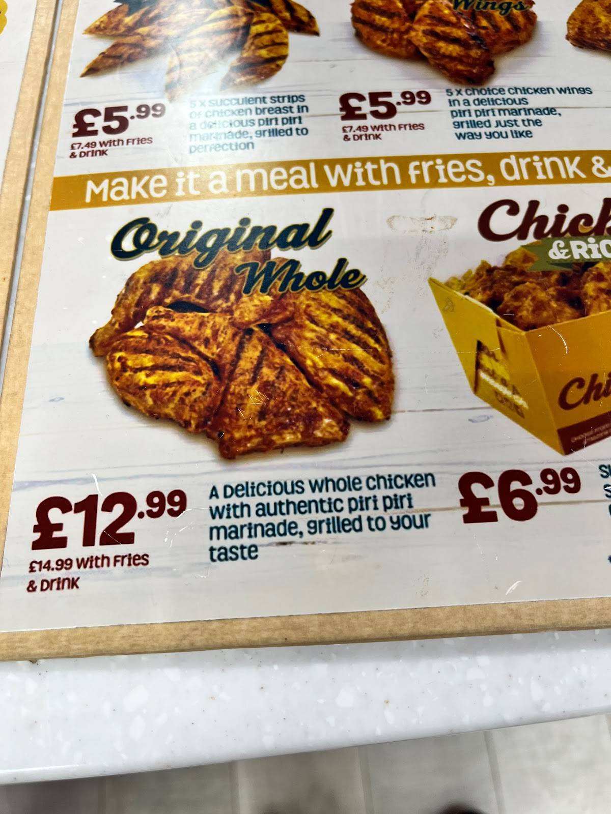 Menu at Rio's Piri Piri restaurant, Birmingham, 65 Aston St