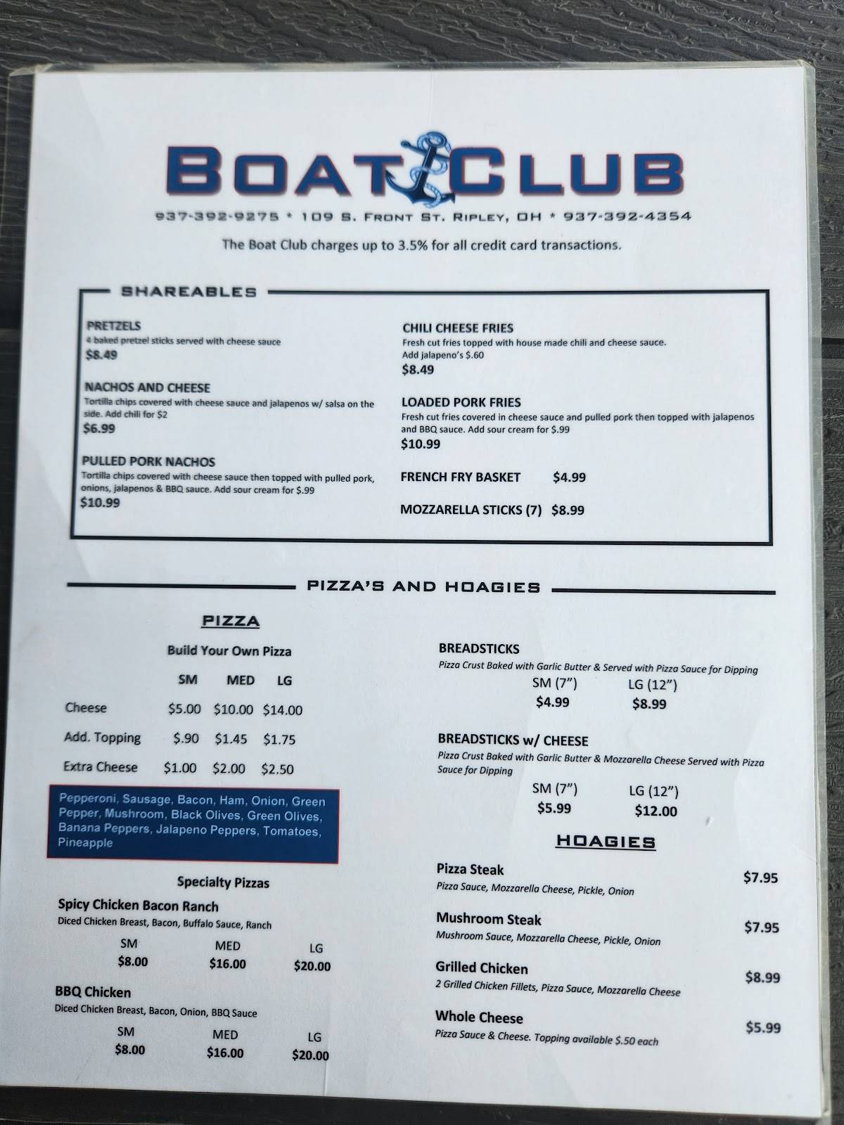 Menu at Ripley Boat Club, Ripley