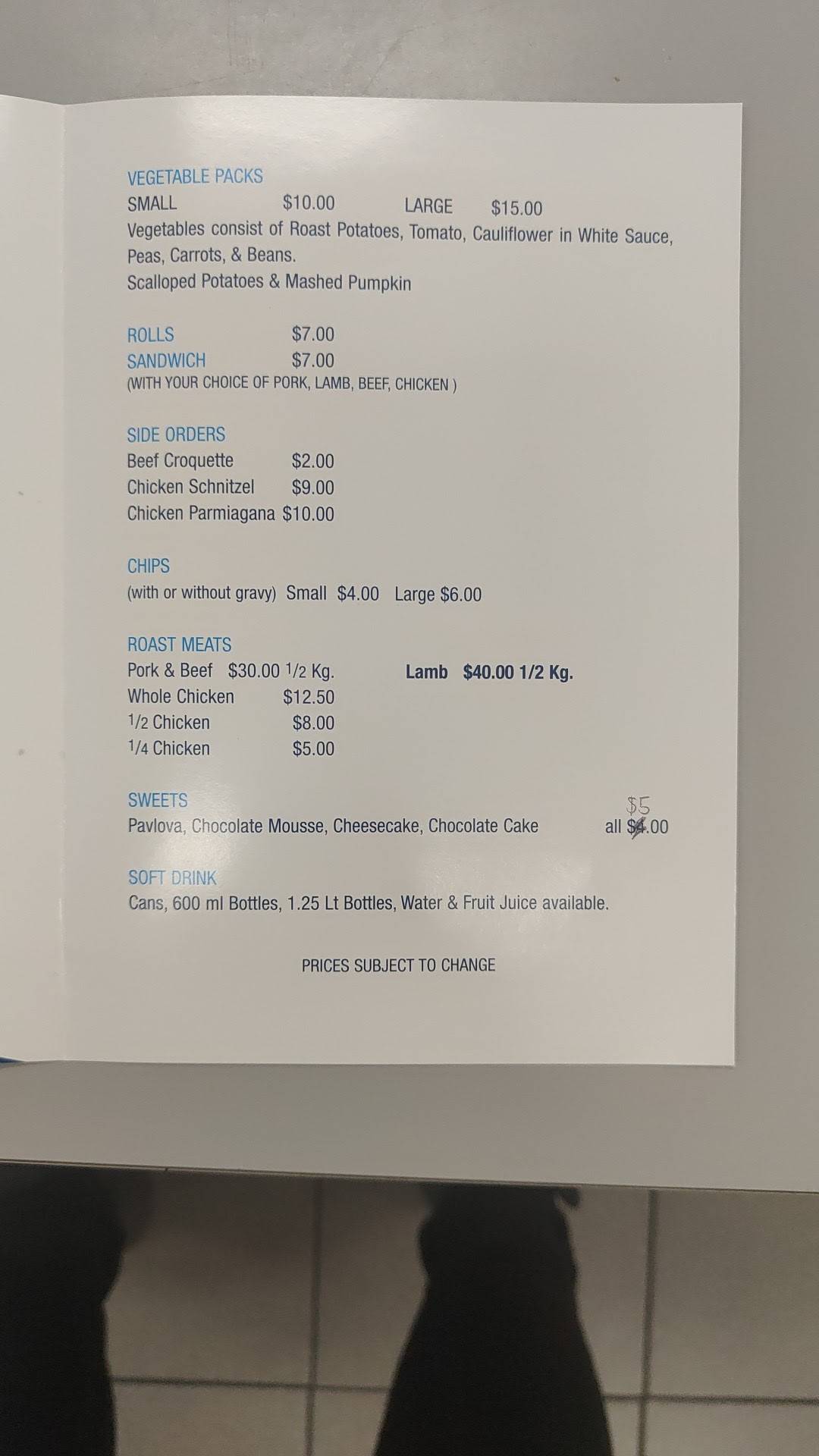 Menu at Ripper Roasts restaurant, Newtown