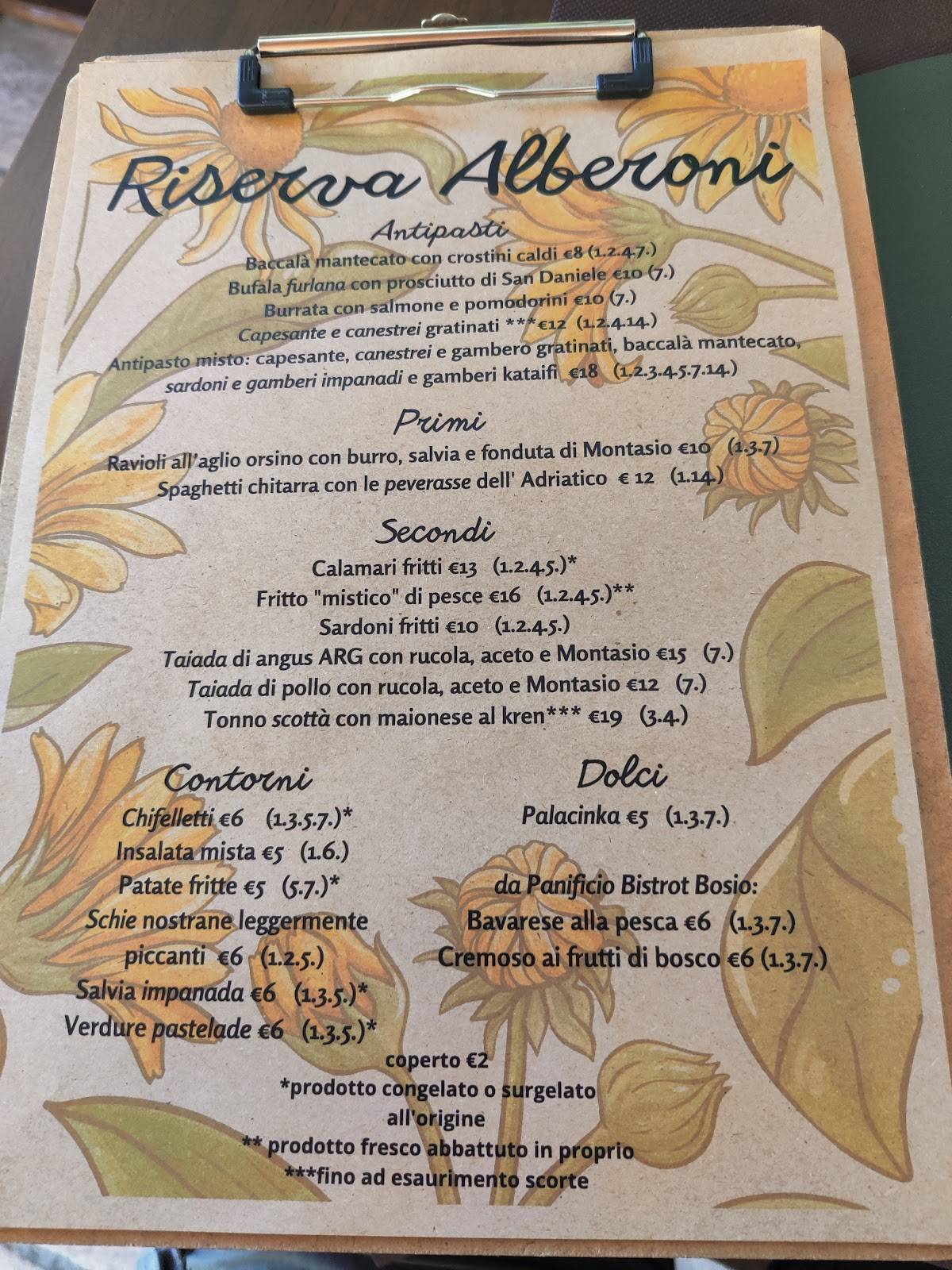 Menu da Riserva Alberoni Osteria Bisiaca ristorante, Staranzano