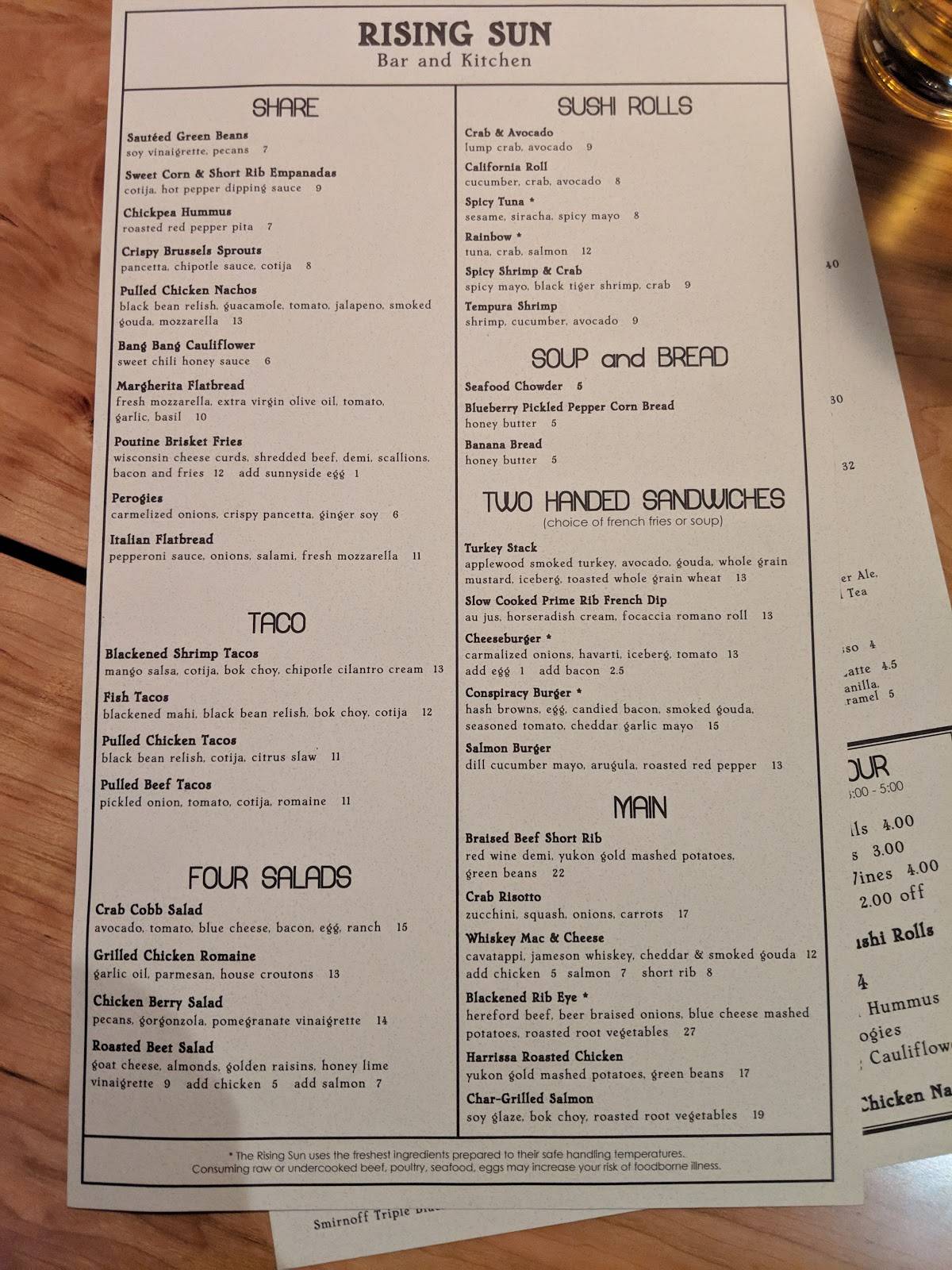 Menu at Rising Sun Bar & Kitchen, Campbelltown