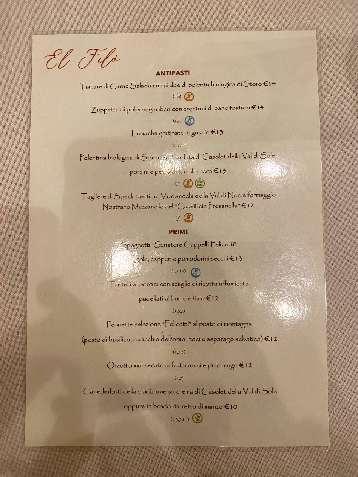 Carta de Ristorante El Filò, Molveno