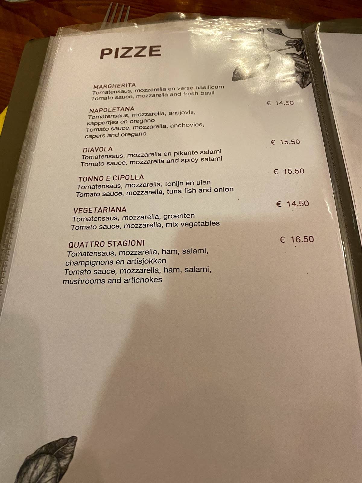 Menu at Ristorante Italia Oggi, Amsterdam, Binnen Bantammerstraat 11