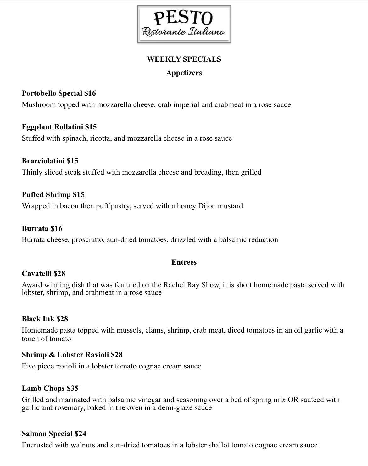 Menu at Ristorante Pesto restaurant, Philadelphia, S Broad St