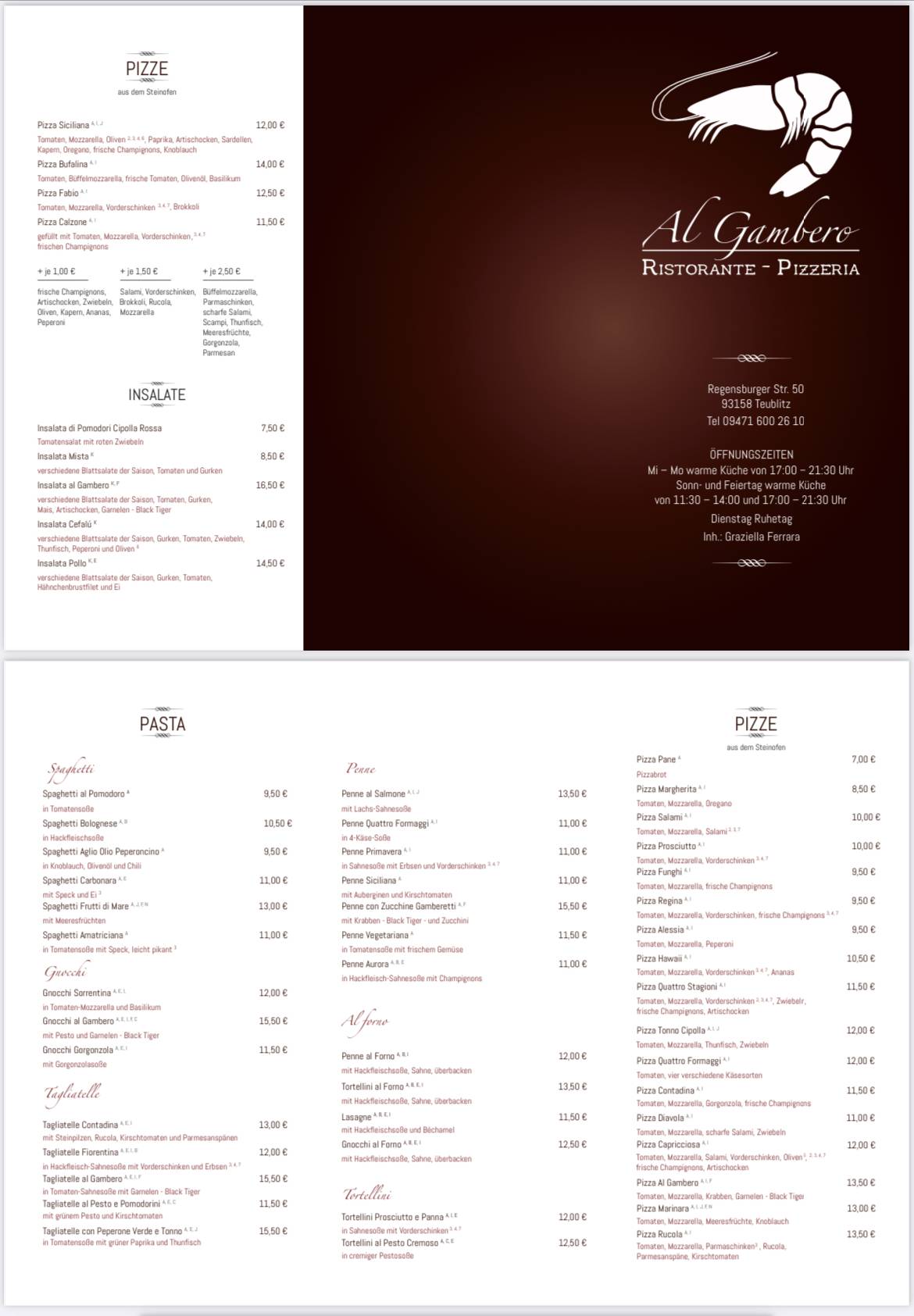 Speisekarte von Ristorante Pizzeria Al Gambero, Teublitz