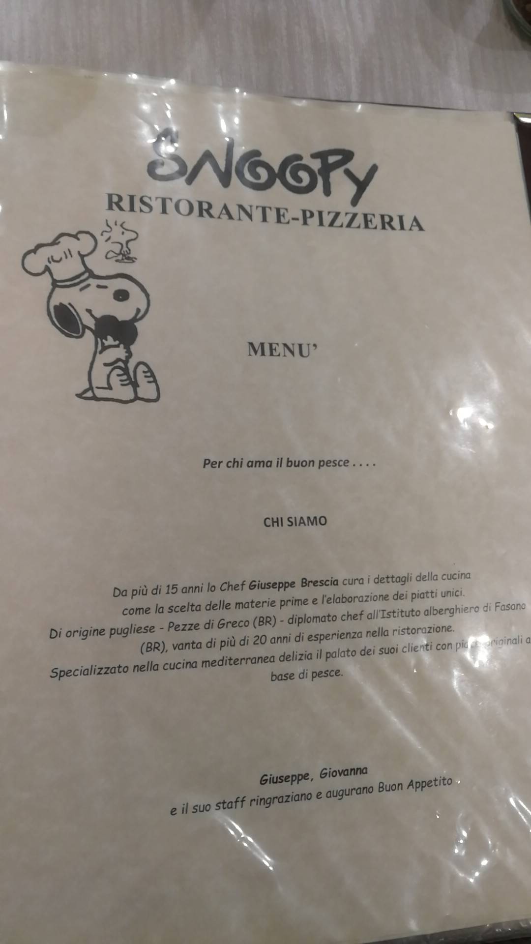 Carta de Ristorante Pizzeria Snoopy, Bolonia