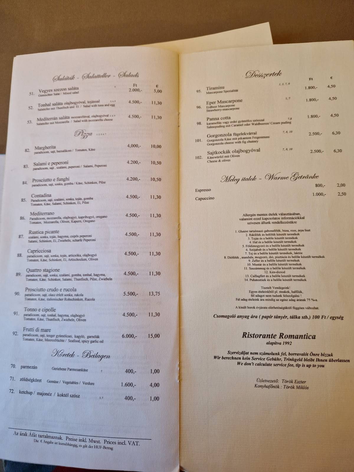 Menu at Ristorante Romantica restaurant, Győr
