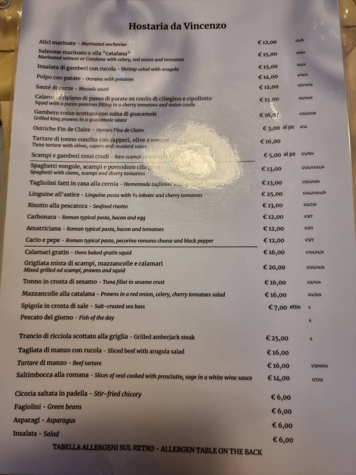 Carta de Ristorante da Vincenzo, Roma