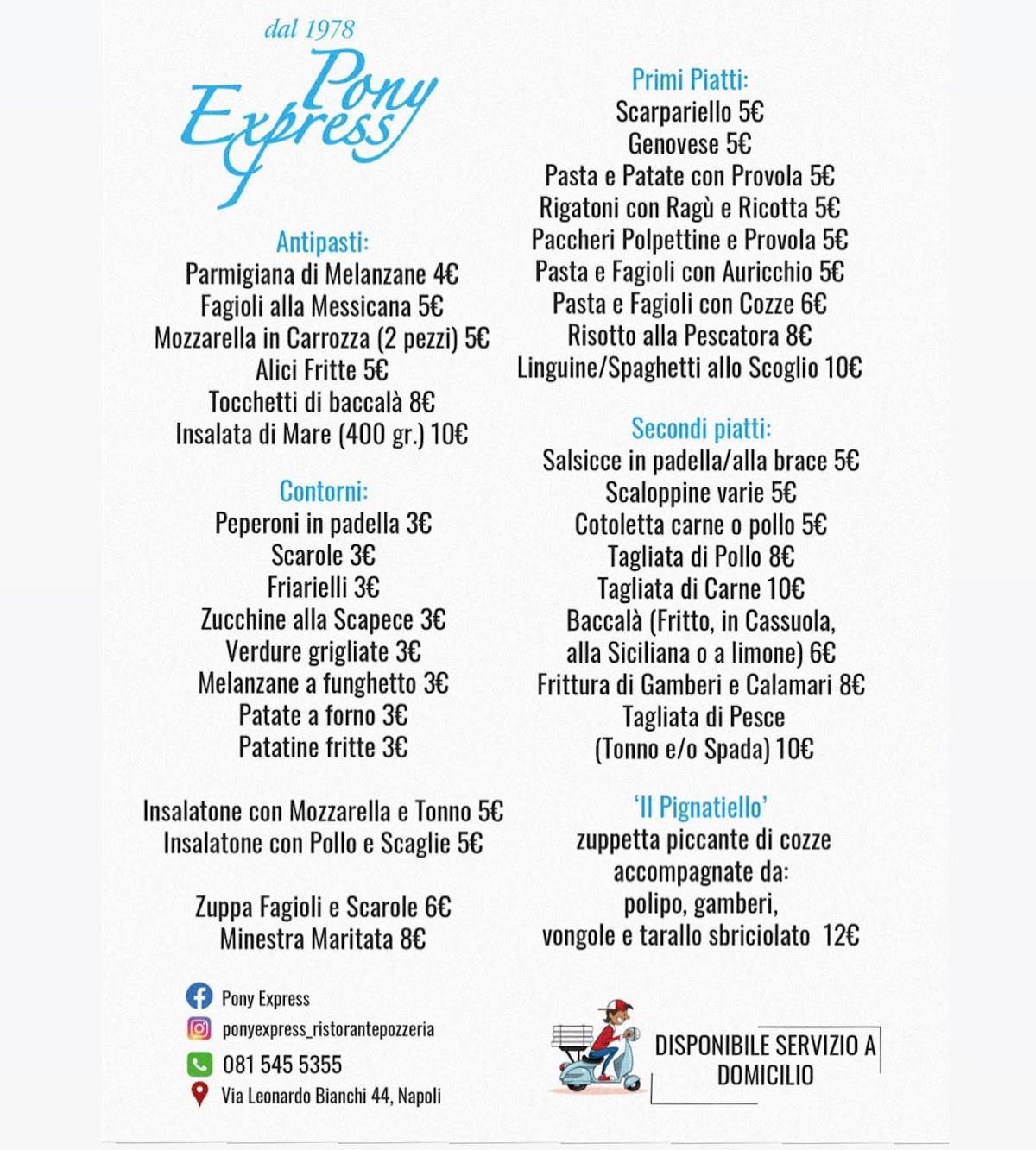 Menu at Ristorante e Pizzeria Pony Express, Naples
