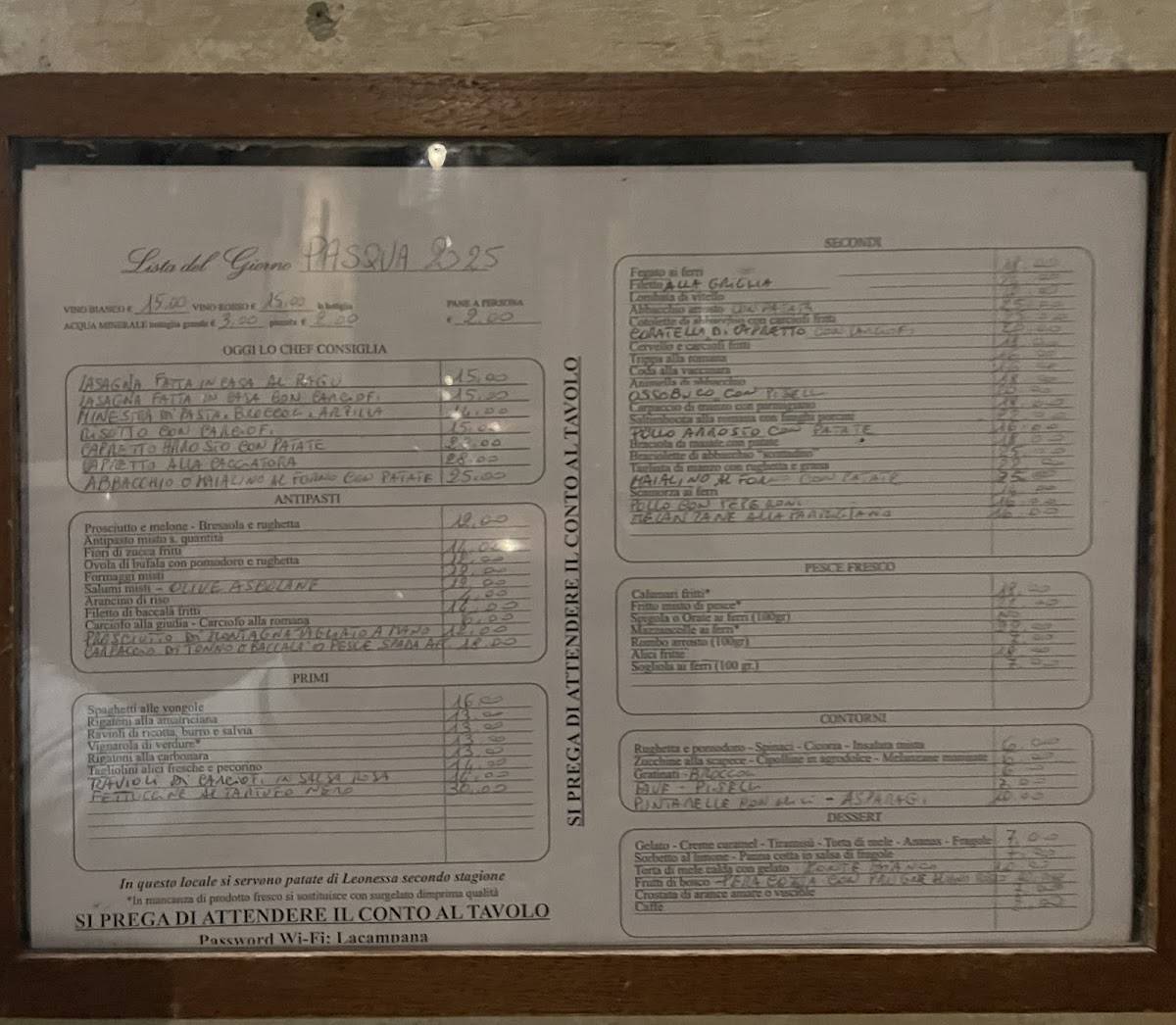 Menu at Ristorante la Campana, Rome