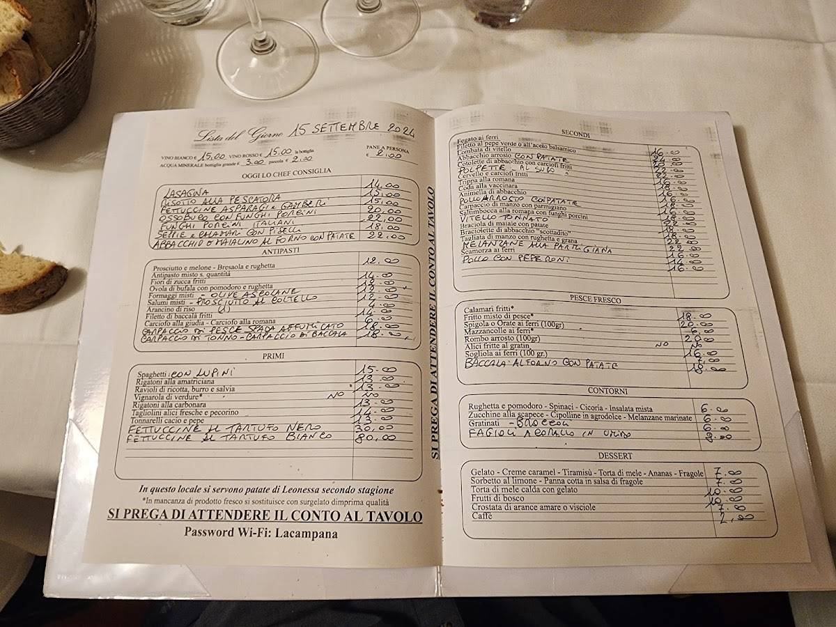 Menu at Ristorante la Campana, Rome