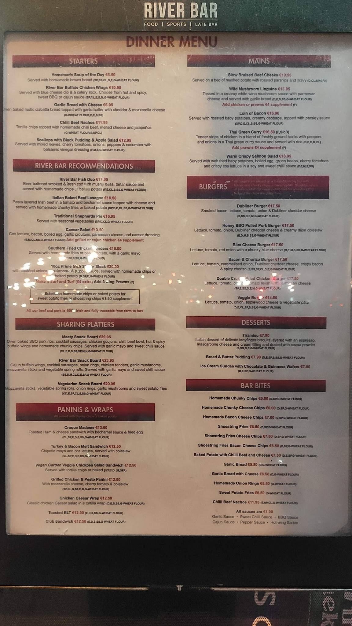 Menu at River Bar, Dublin