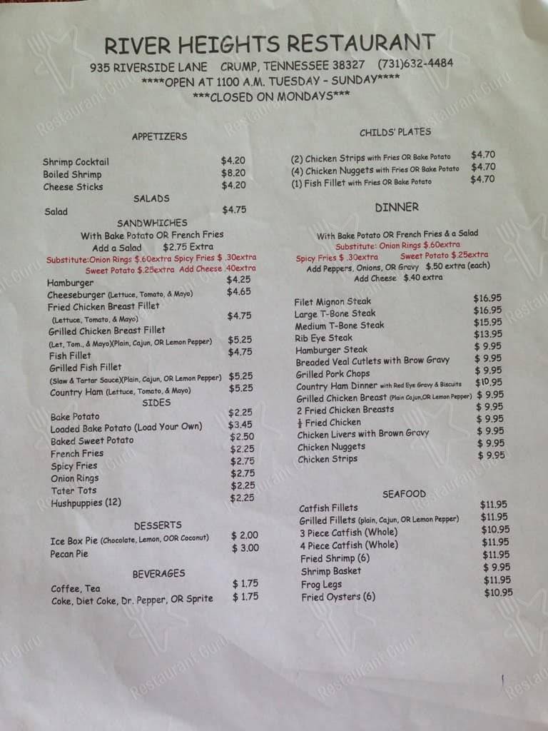 Menu at River Heights Restaurant, Crump