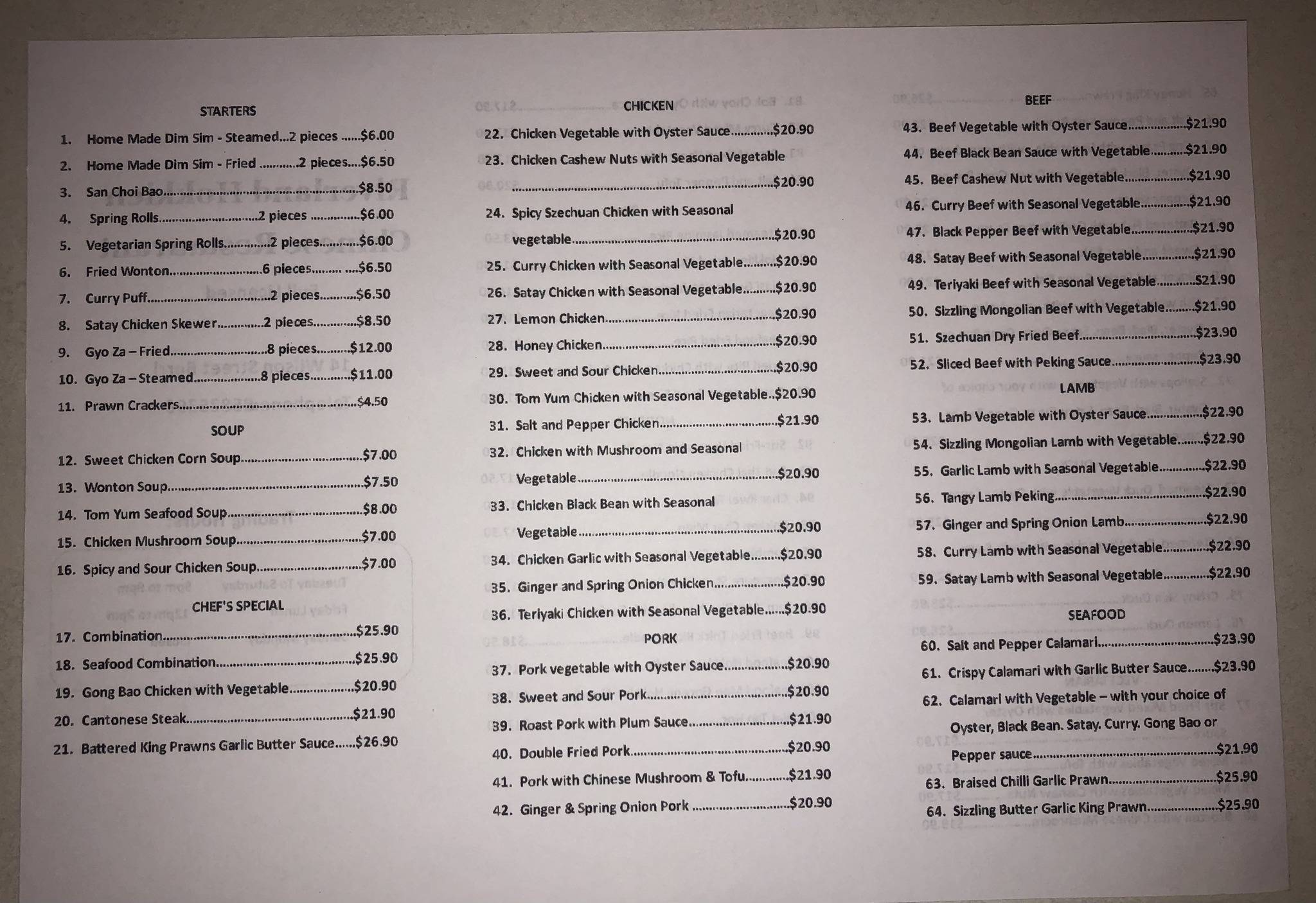 Menu at Riverland Hokkien Chinese Restaurant, Berri
