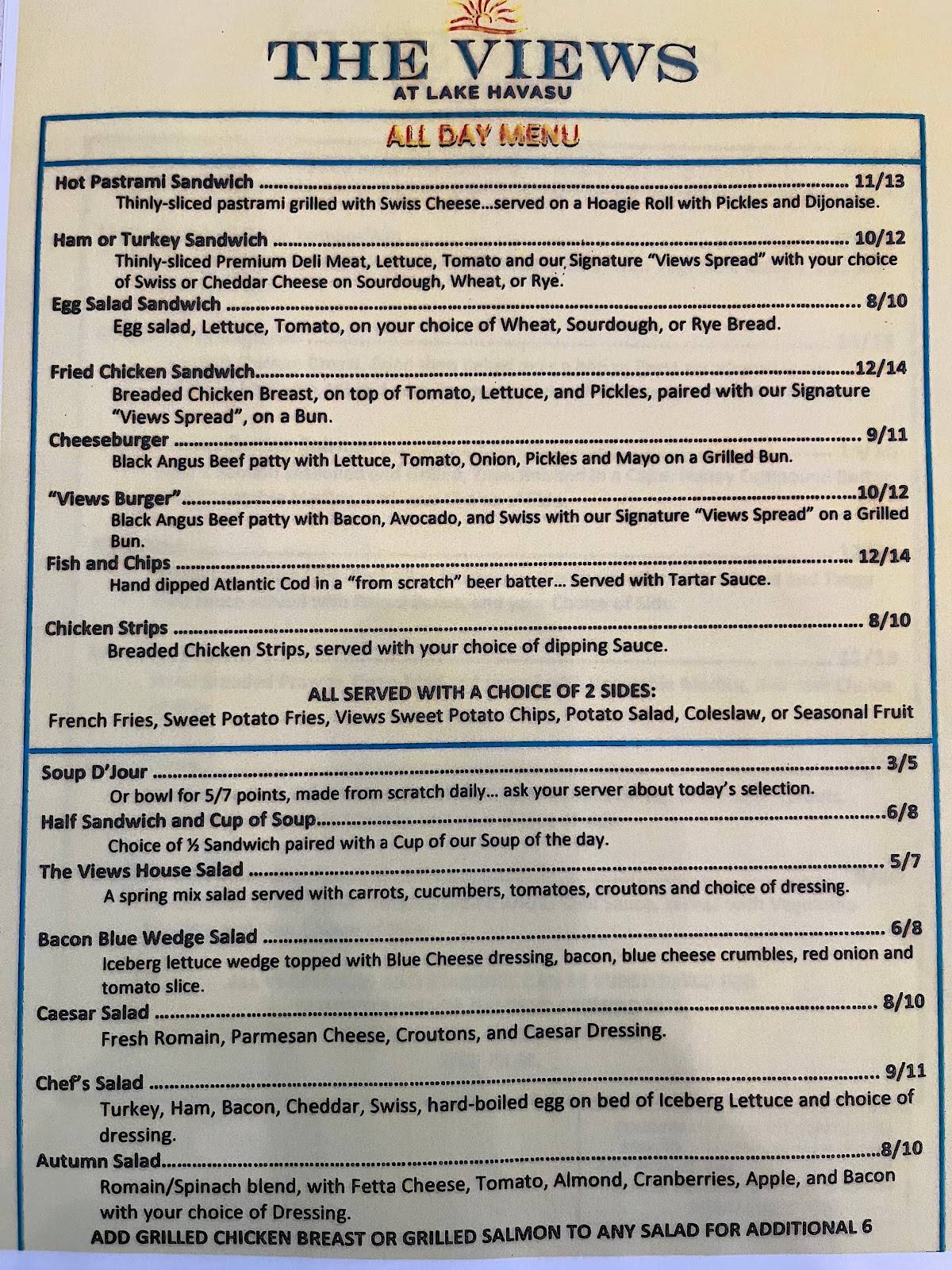 Menu at Oasis at The Views Restaurant, Lake Havasu City