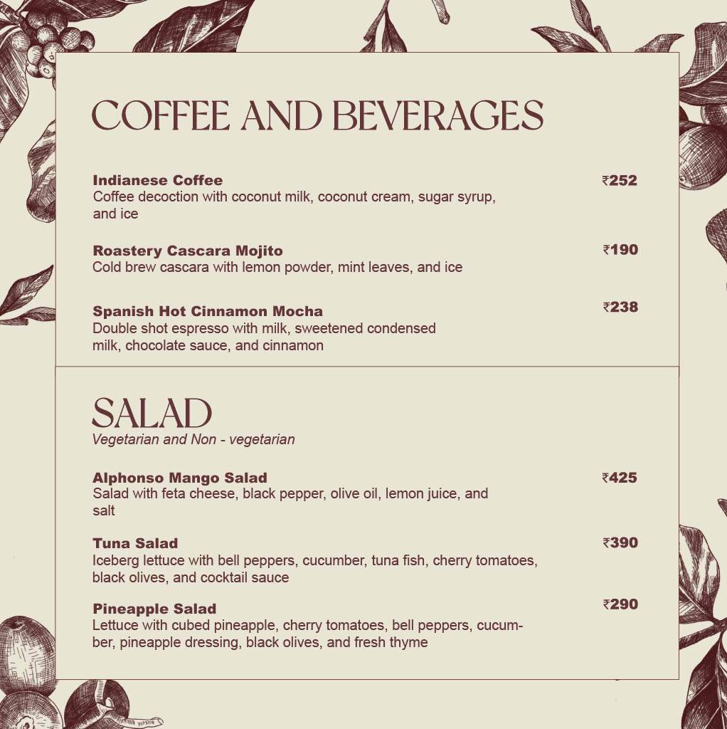 Menu at Roastery Coffee House, Lucknow