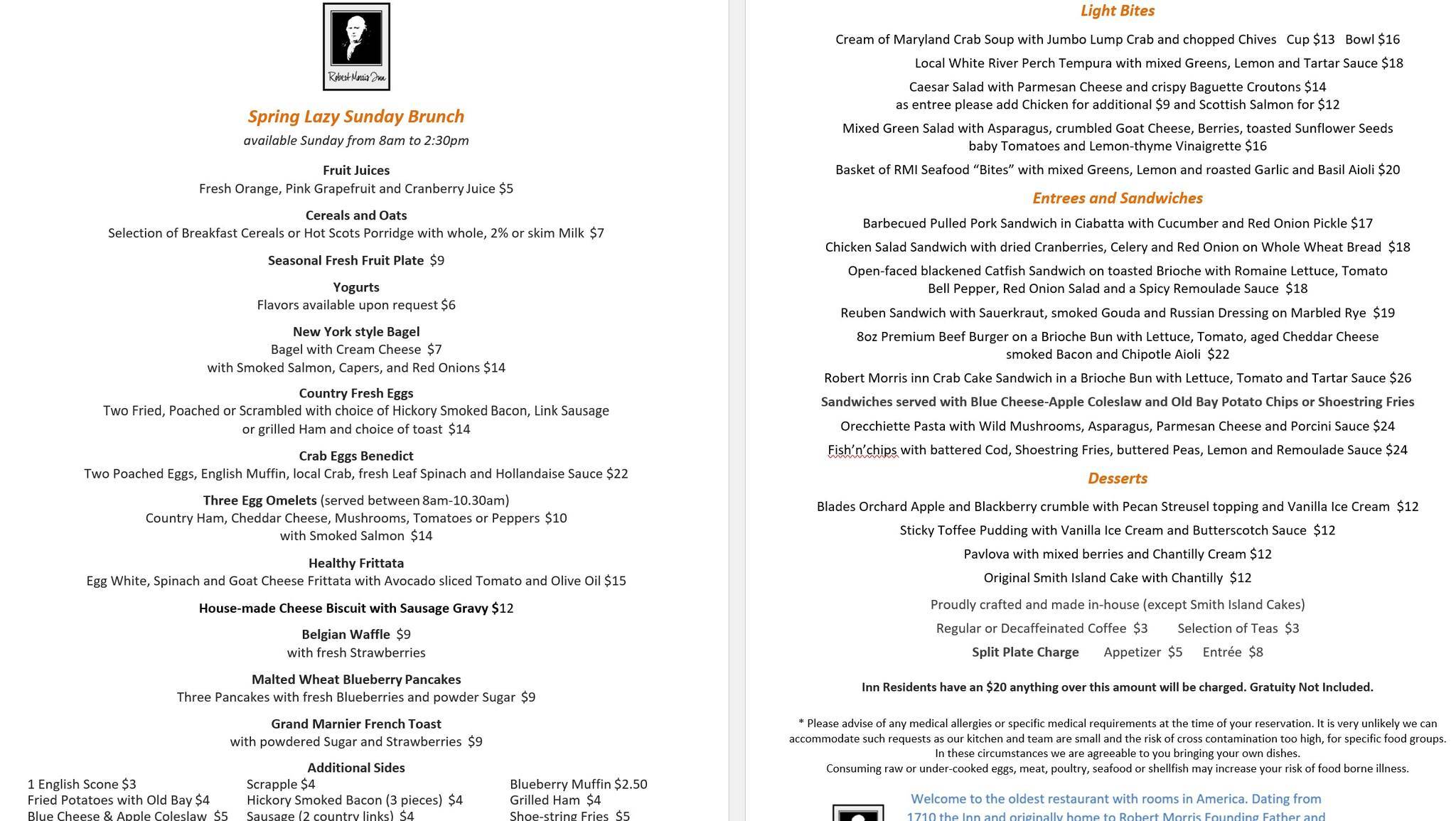 Menu at Robert Morris Inn restaurant, Oxford