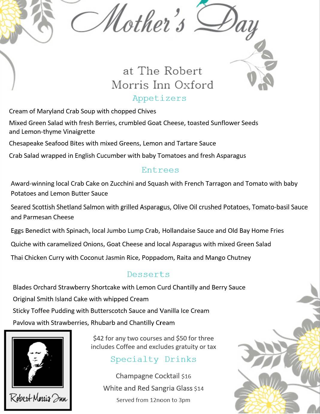 Menu at Robert Morris Inn restaurant, Oxford