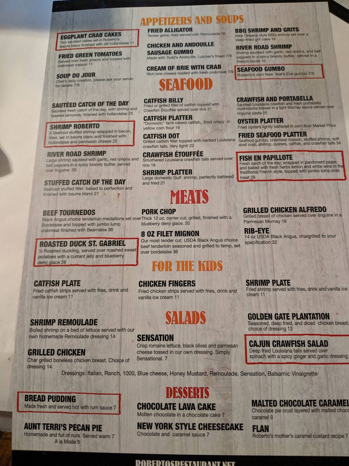 Menu at Roberto's River Road Restaurant, Sunshine