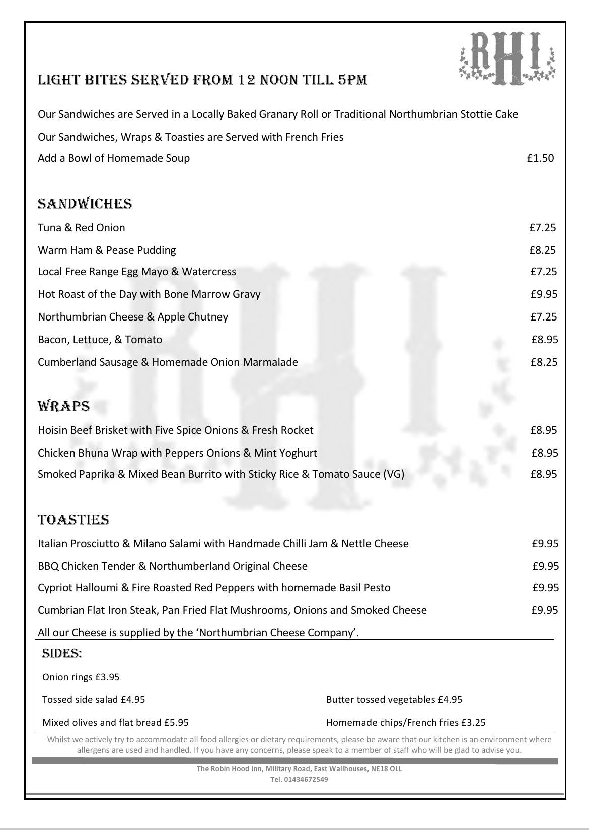 Menu at Robin Hood pub & bar, East Wallhouses, West Military Road