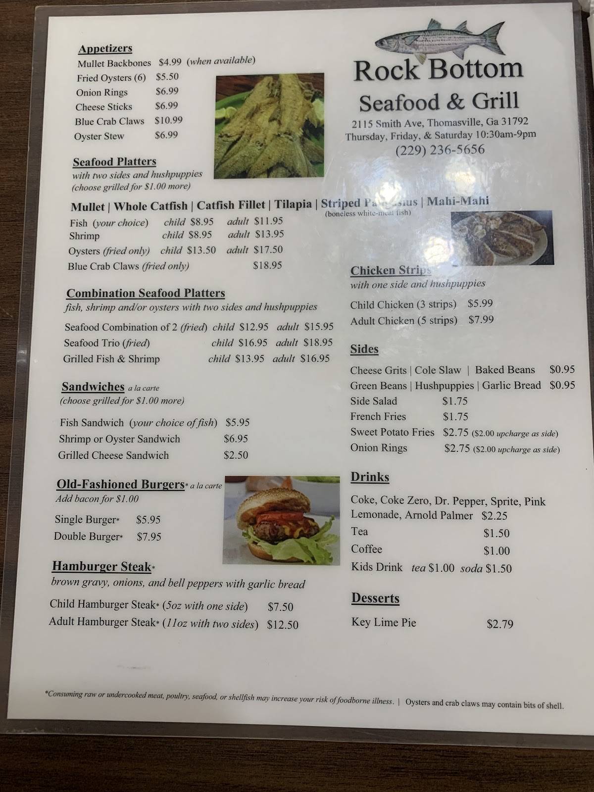 Menu at Rock Bottom Seafood & Grill restaurant, Thomasville