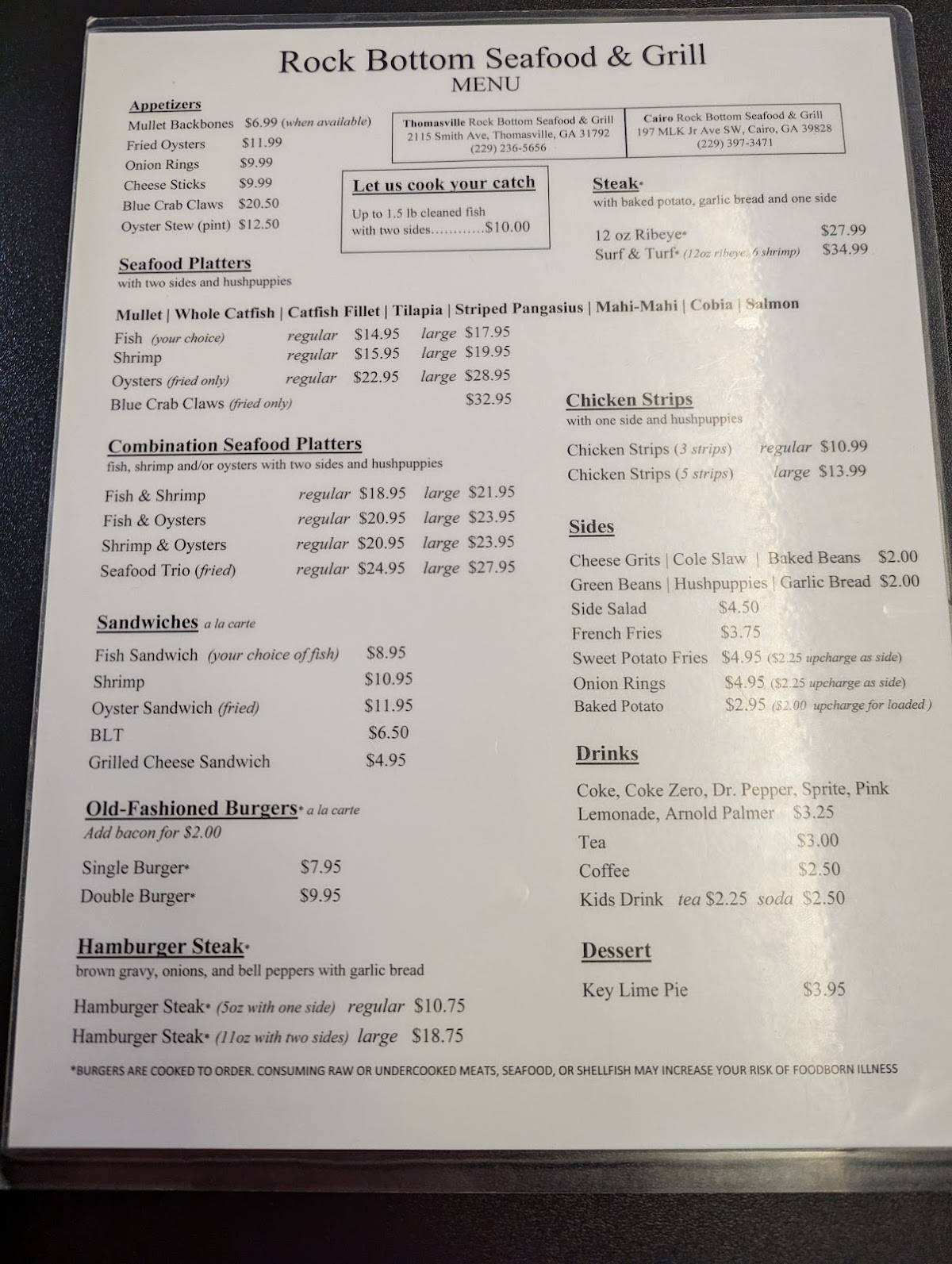 Menu at Rock Bottom Seafood & Grill restaurant, Thomasville