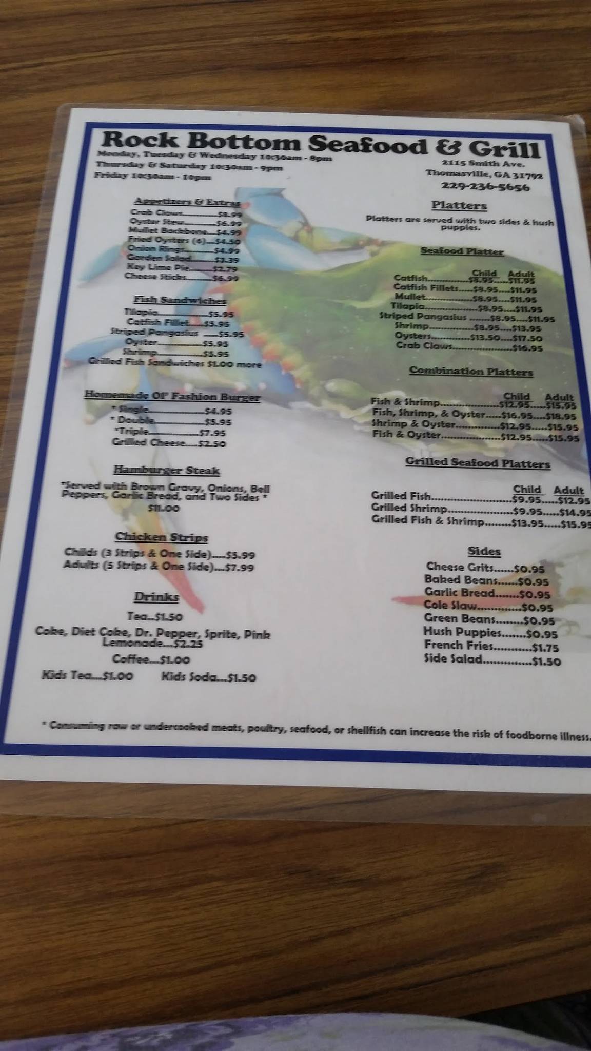 Menu at Rock Bottom Seafood & Grill restaurant, Thomasville