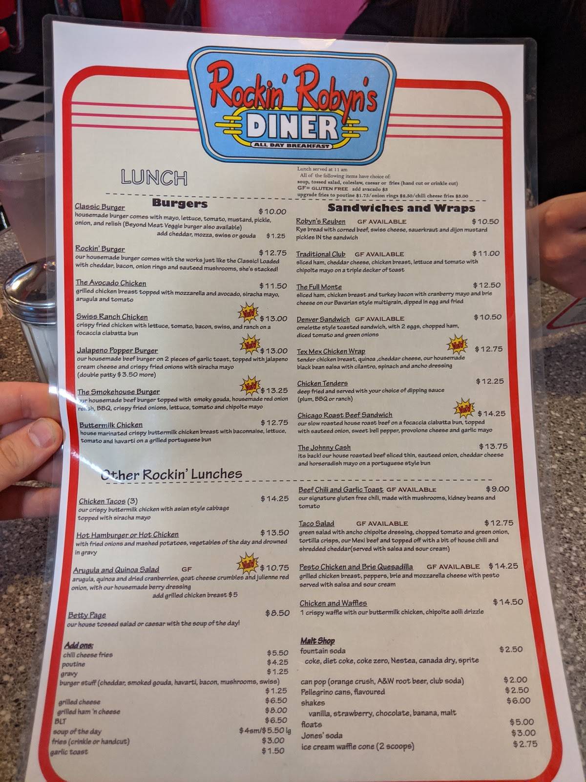 Menu at Rockin' Robyn's restaurant, Edmonton