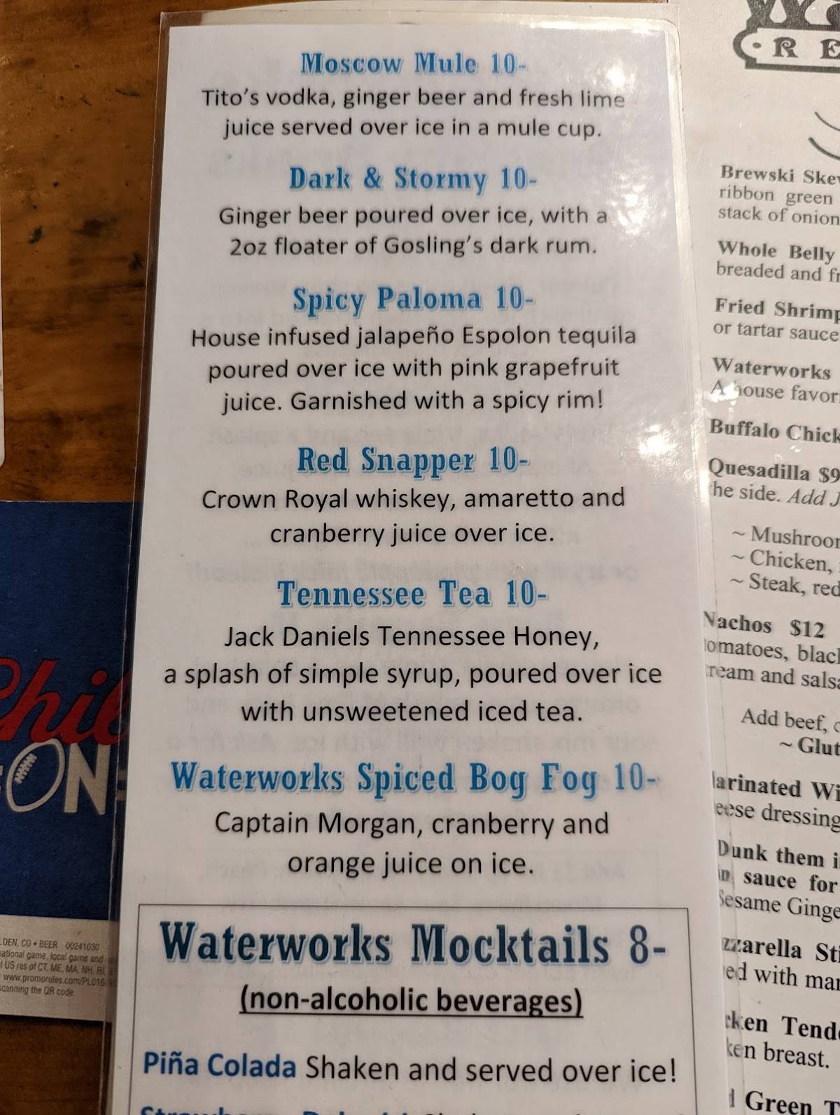 Menu at Waterworks Restaurant, Rockland