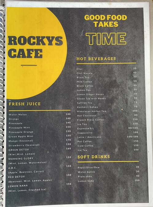 Menu at Rocky's Cafe, Manali