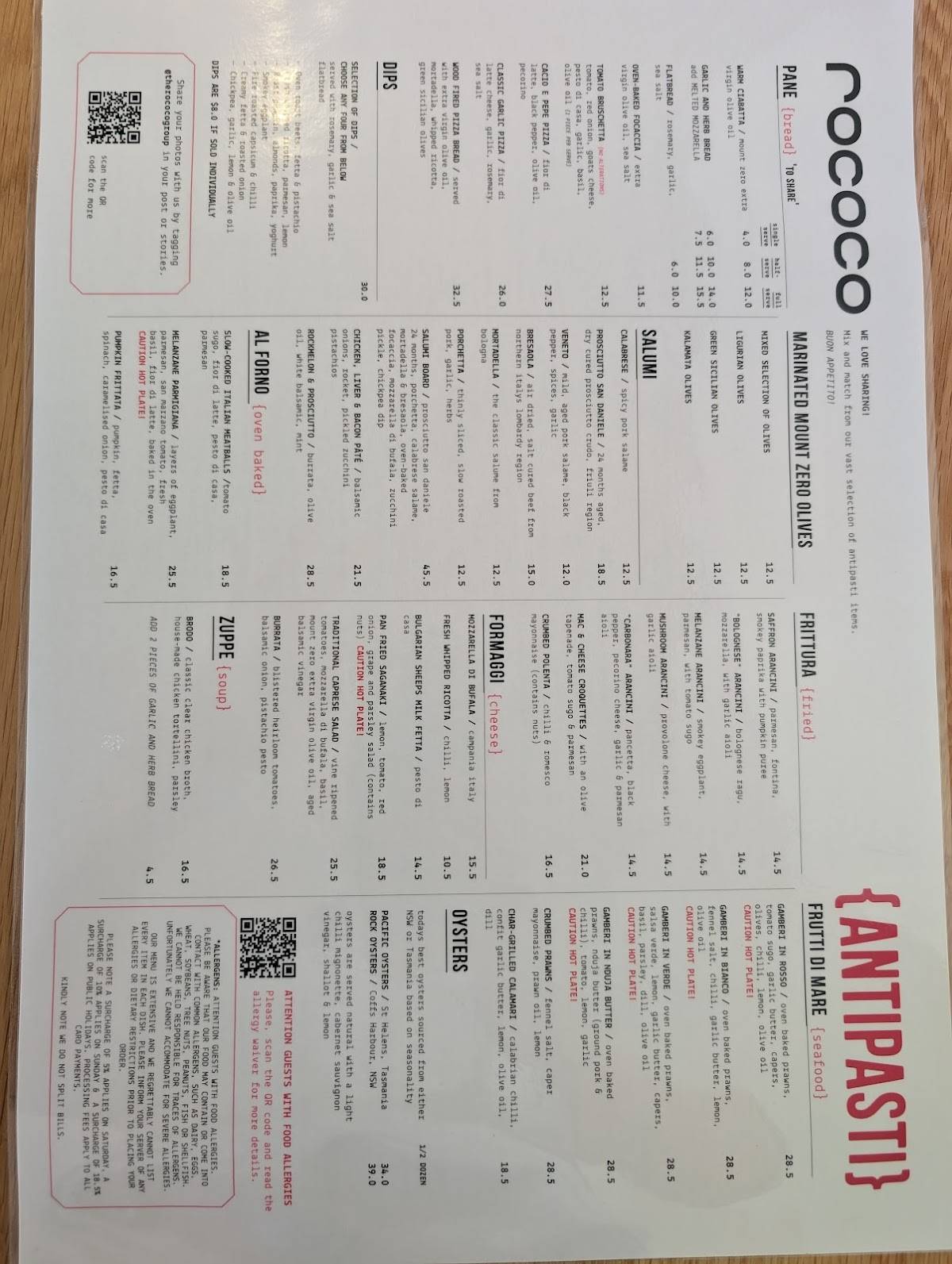 Menu at Rococo Mordialloc restaurant, Mordialloc