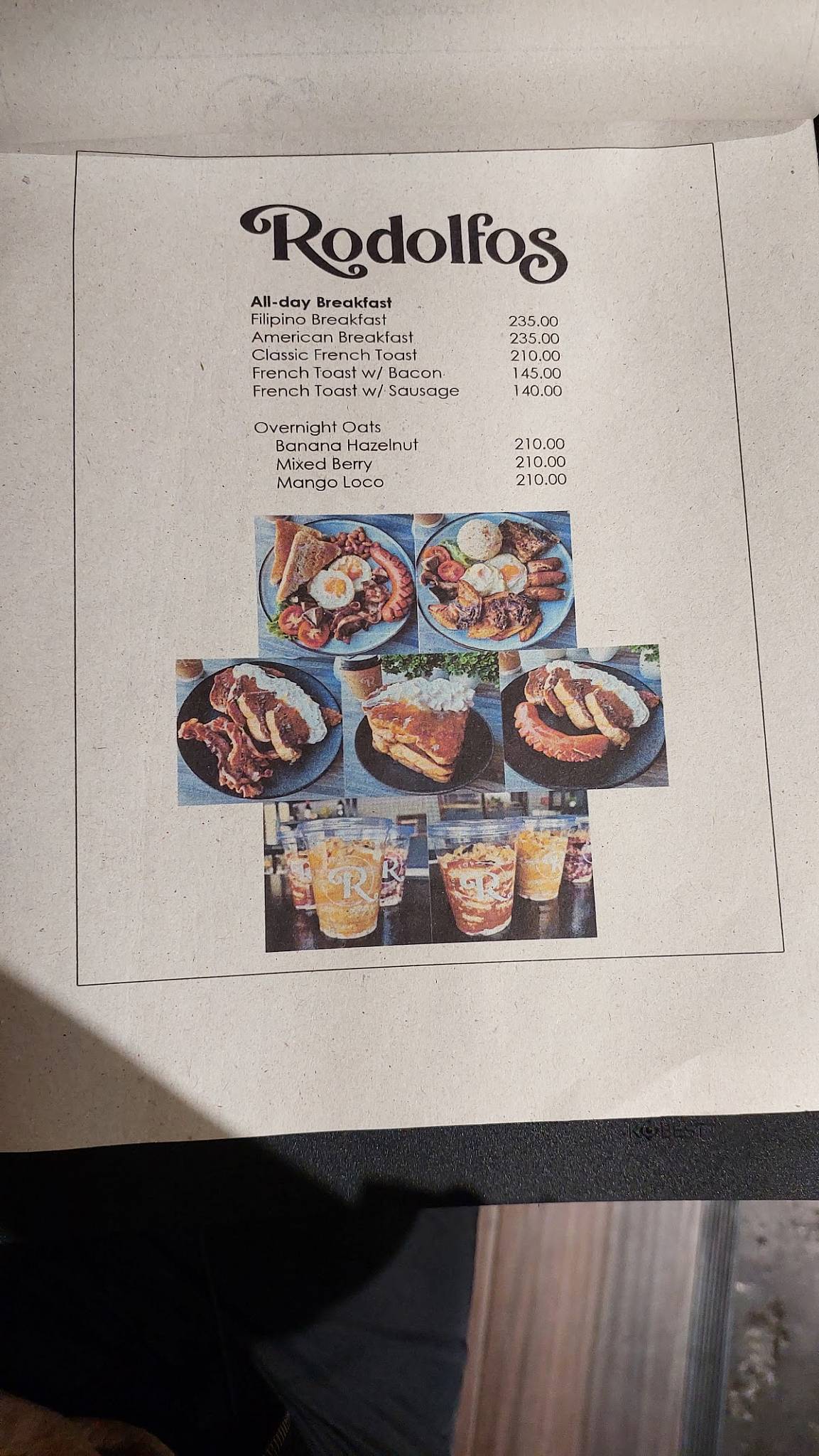 Menu at Rodolfos Ozamiz restaurant, Ozamiz City