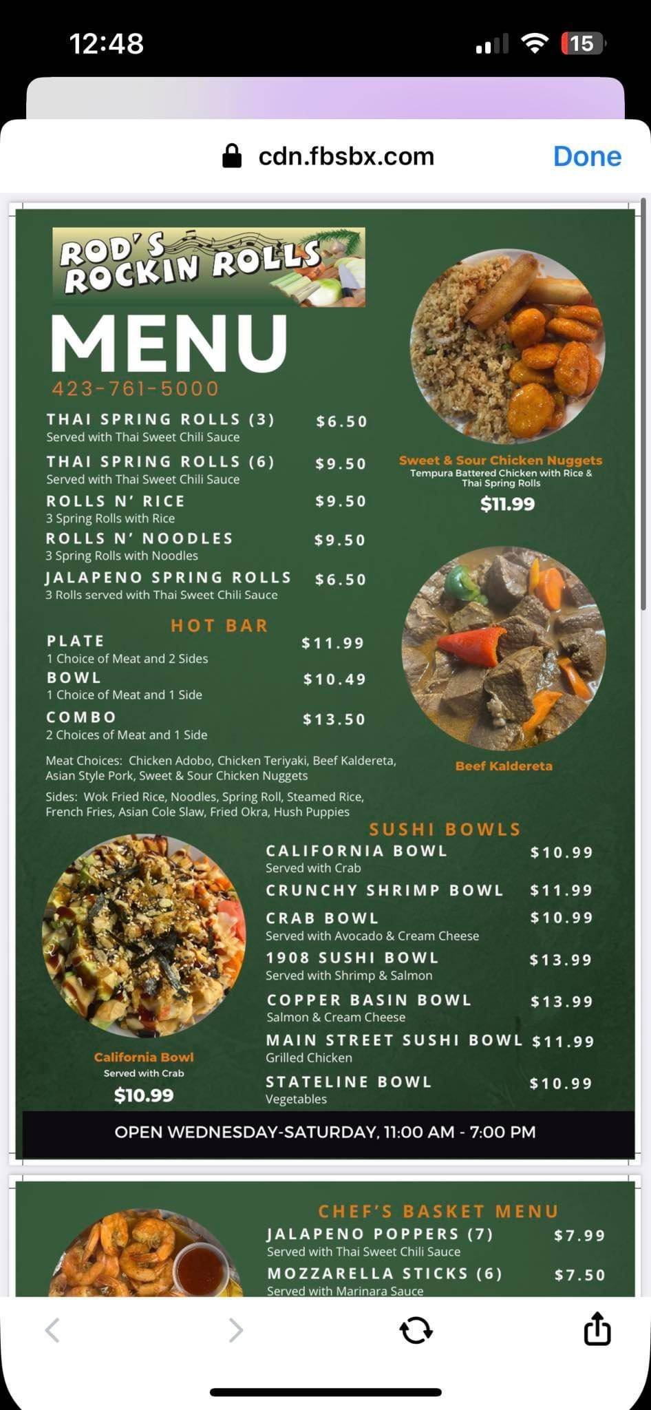 Menu at Rod's Rockin Rolls fast food, Ducktown