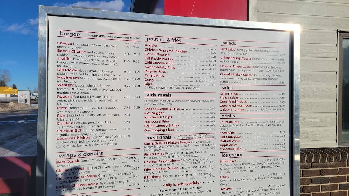 Menu at Roger's Drive-In Restaurant, Rimbey