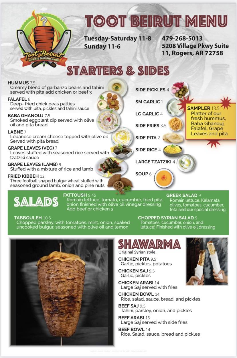 Menu at Toot Beirut Shawarma & More restaurant, Rogers