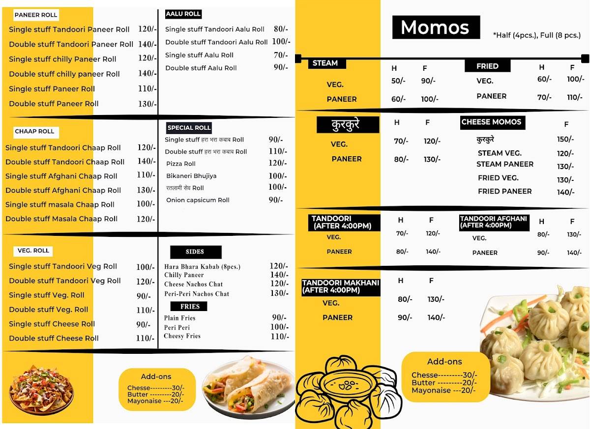 Menu at Roll वाले, Beawar, Mission ground