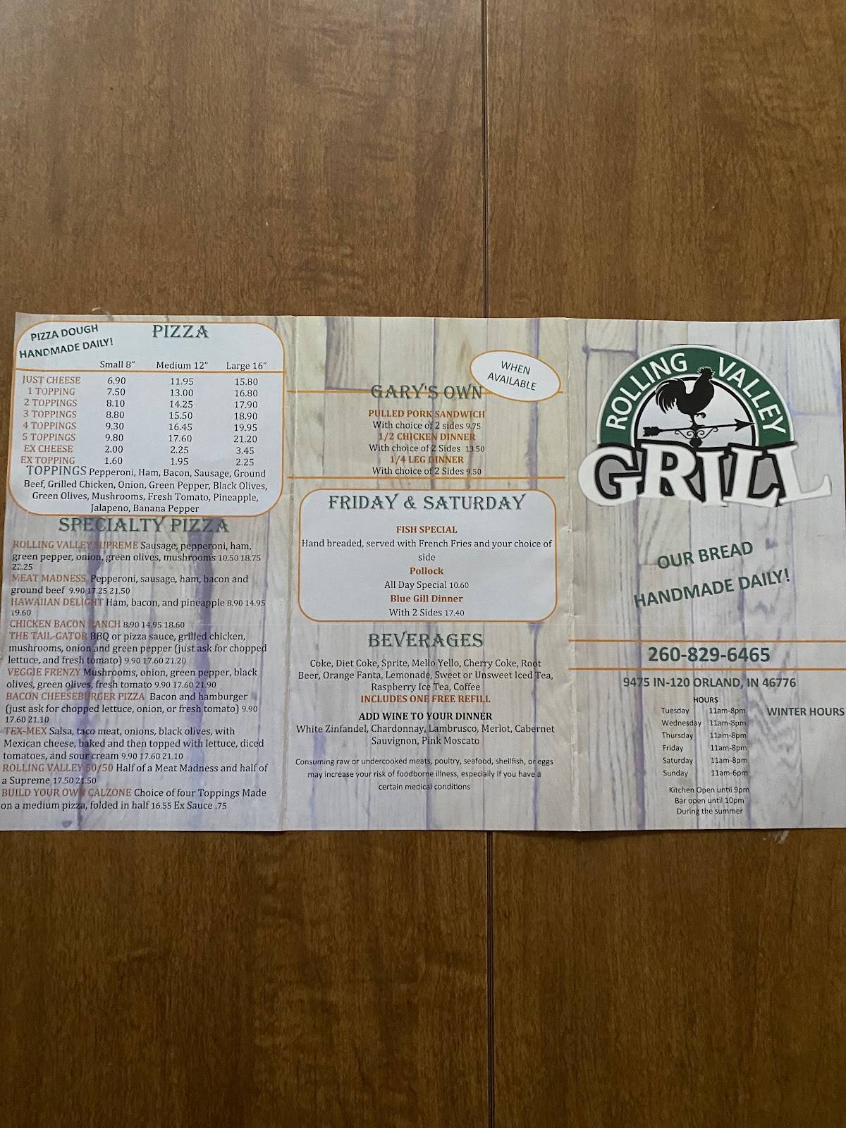 Menu at Rolling Valley Grill pub & bar, Orland