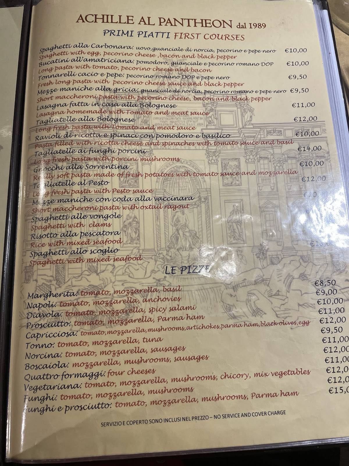 Menu au Achille Al Pantheon di Habana pizzeria, Rome