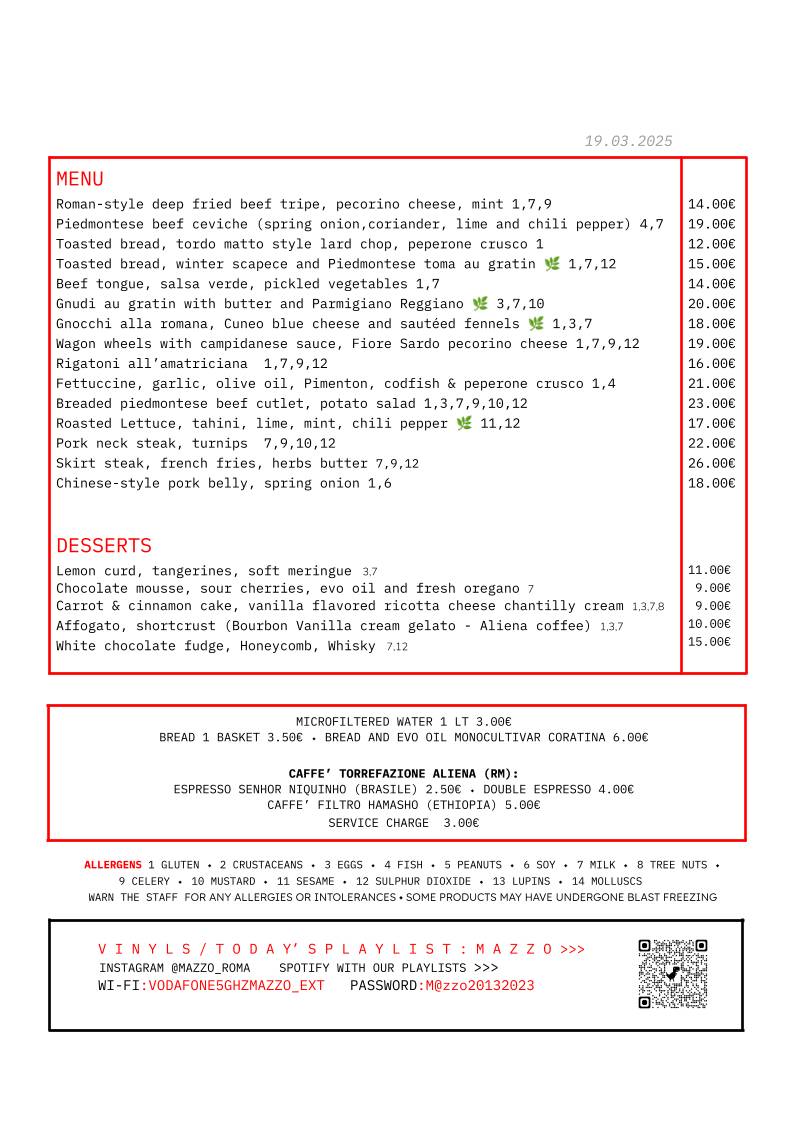 Menu at Mazzo restaurant, Rome, Via degli Equi