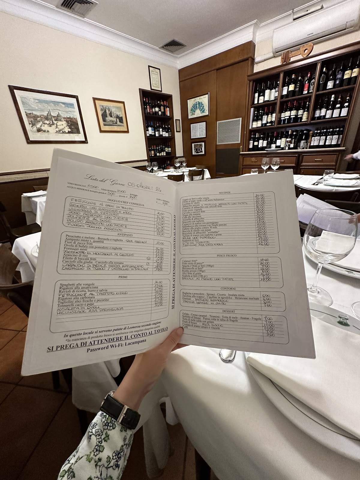 Menu at Ristorante la Campana, Rome