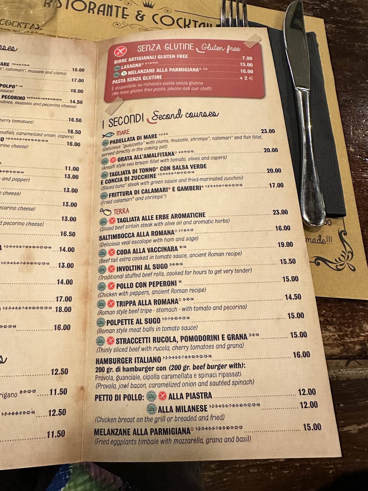 Menu at Saltimbocca ristorante, Rome