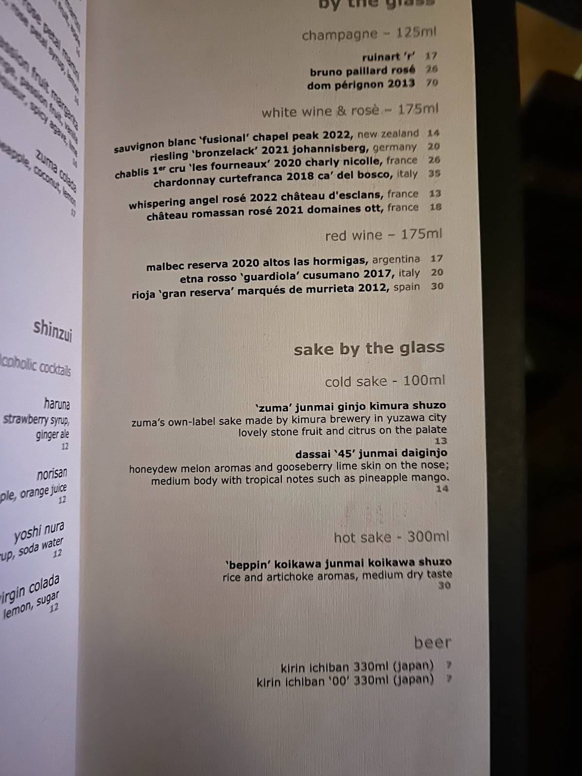 Menu au Zuma Rome restaurant, Rome