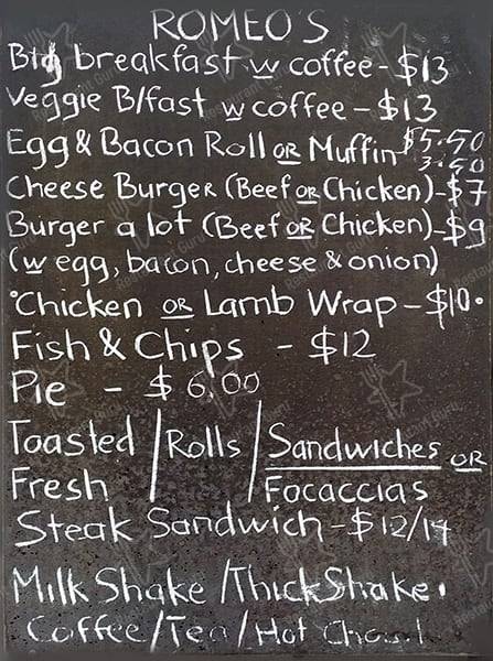 Menu at Romeo's cafe, Melbourne