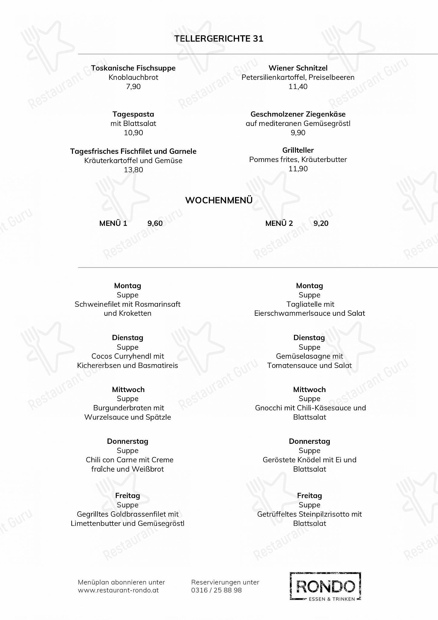 Speisekarte von Restaurant Rondo, Graz