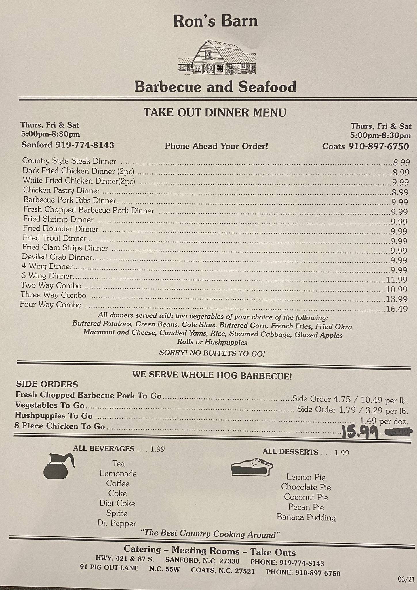 Menu at Ron's Barn Barbecue & Seafood, Sanford