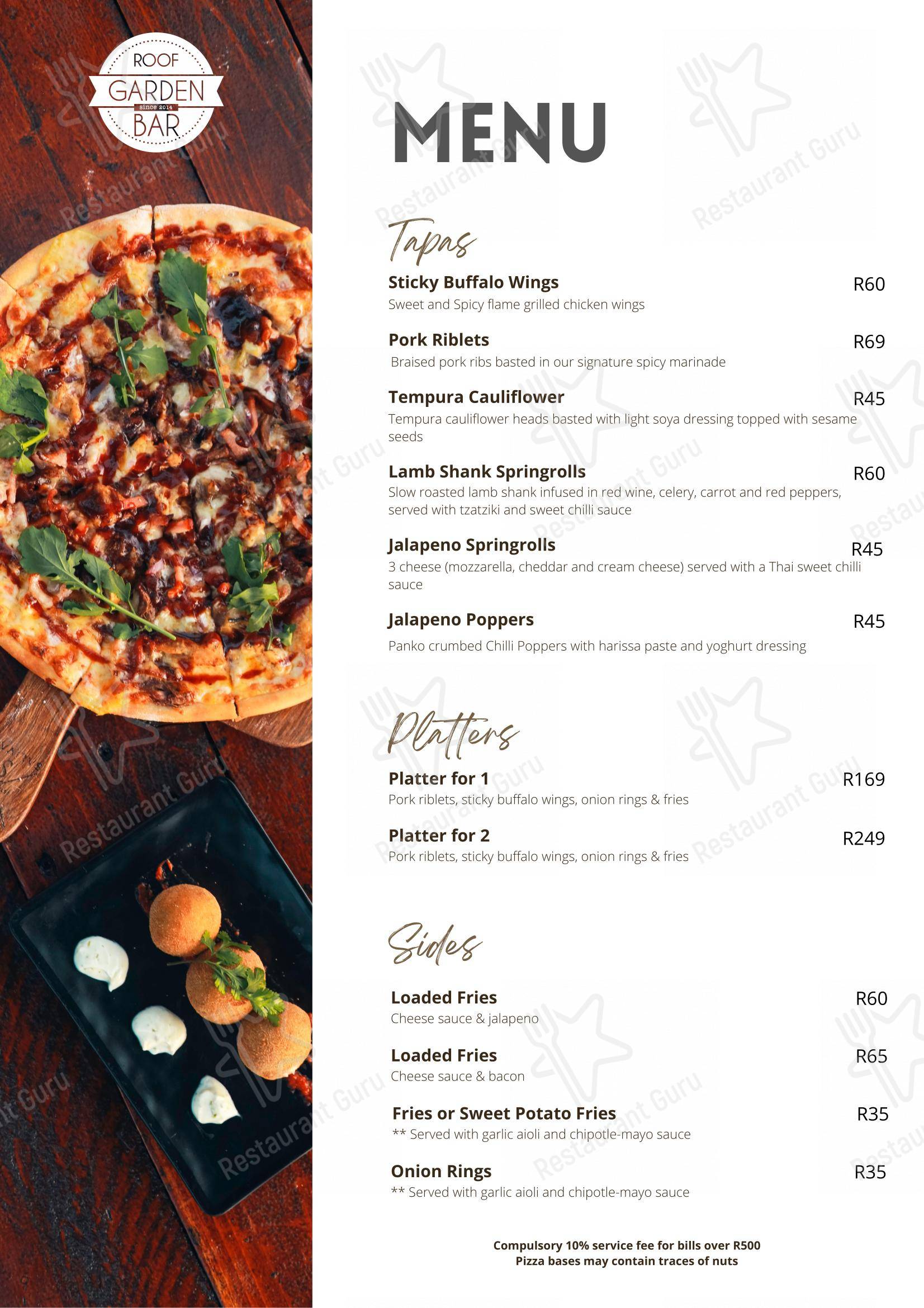 Menu at Roof Garden Bar, South Africa
