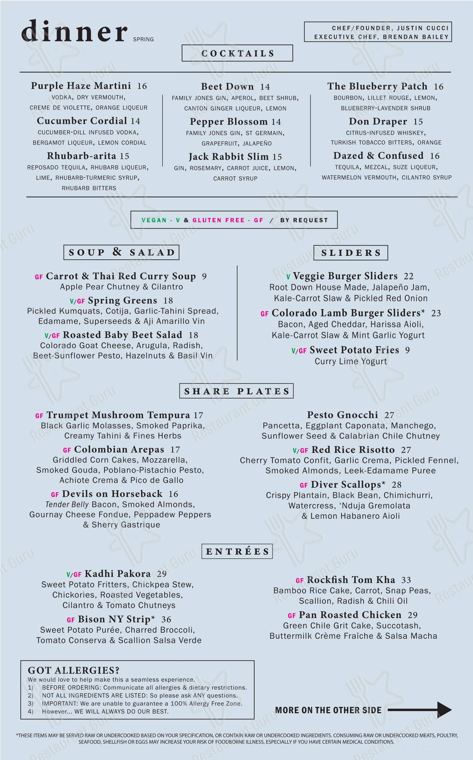 Menu at Root Down restaurant, Denver, W 33rd Ave