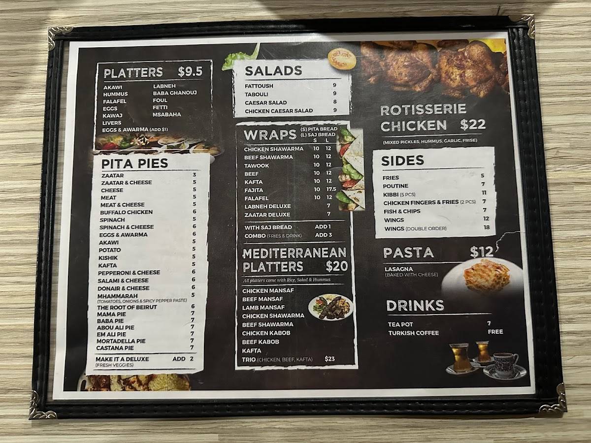 Menu at Root of Beirut pizzeria, Edmonton